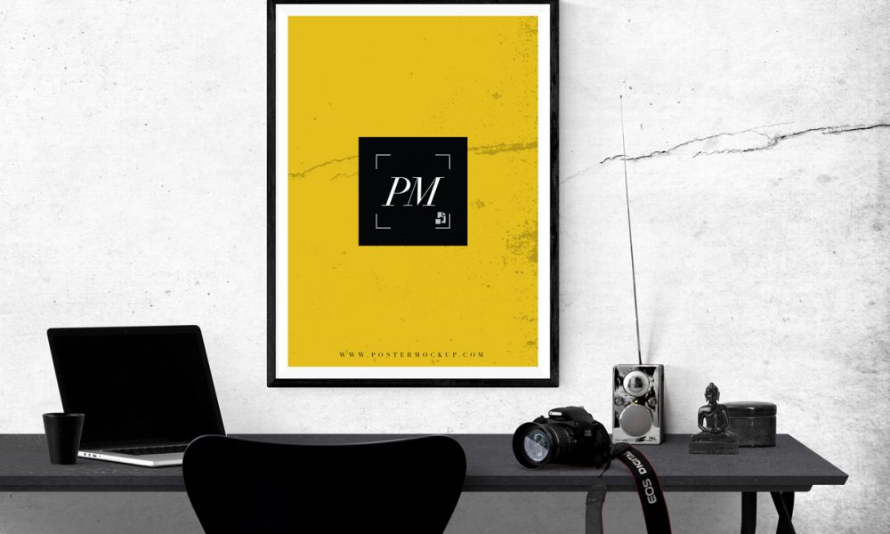 Laptop & Digital Camera With Poster Mockup PSD - Poster Mockup