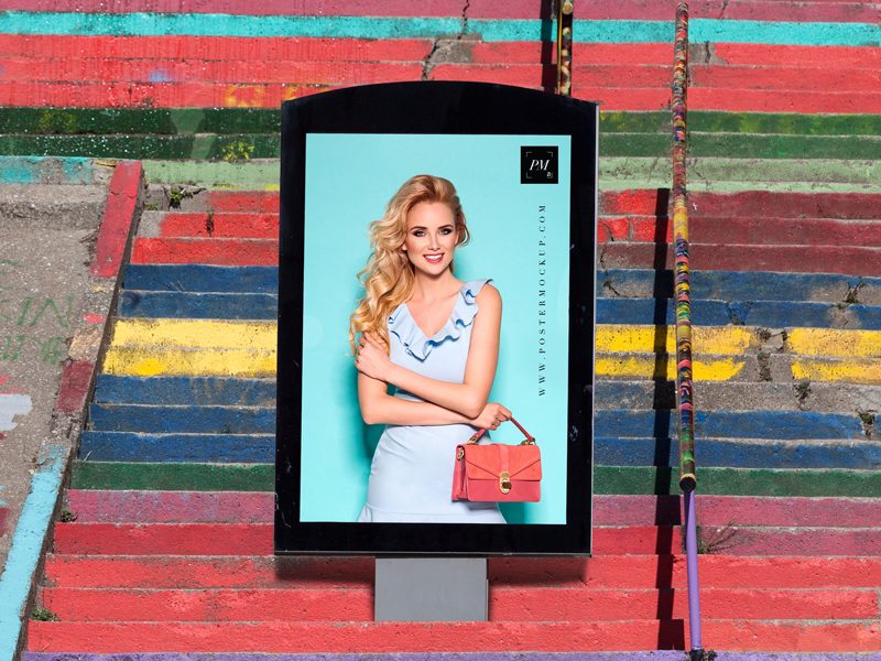 Outdoor Advertisement Poster Billboard on Stairs Mockup PSD - Poster Mockup