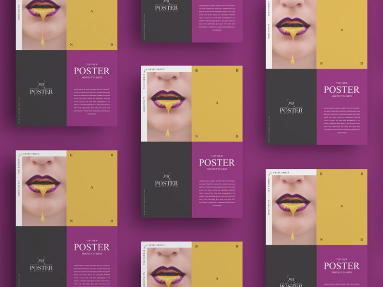Brand Top View Poster Mockup in Grid - Poster Mockup