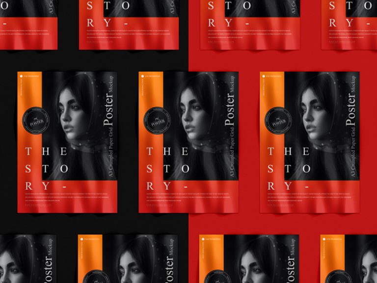 A3 Crumpled Paper Grid Poster Mockup - Poster Mockup